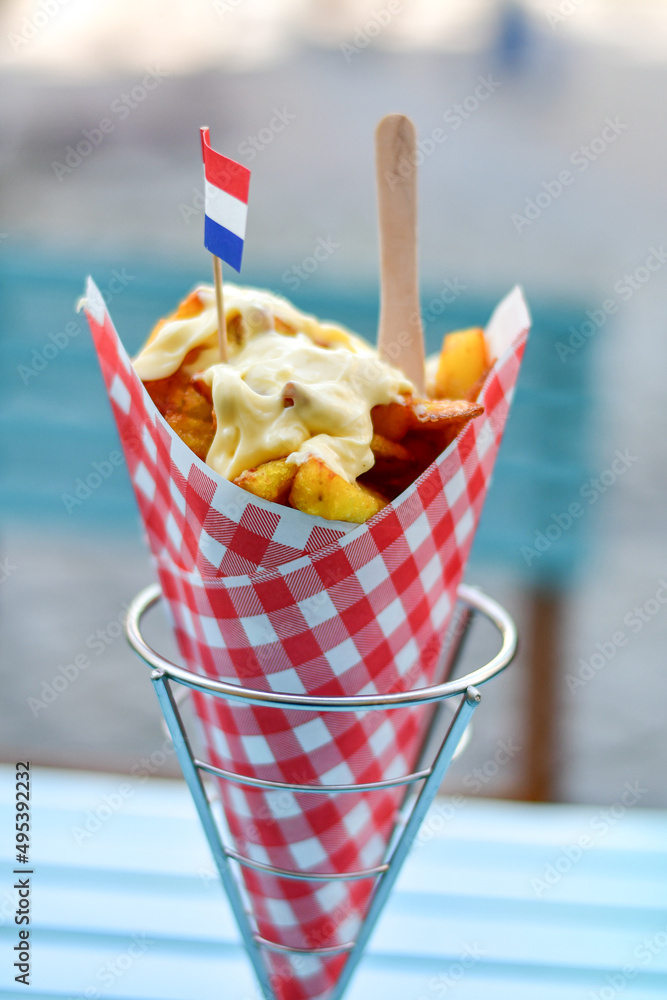 Dutch War Fries with the Canals of Amsterdam on the background. Typical ...