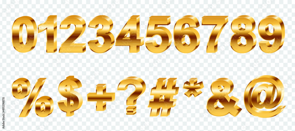 Realistic 3d bold gold numbers and symbol set. Vector illustration of ...
