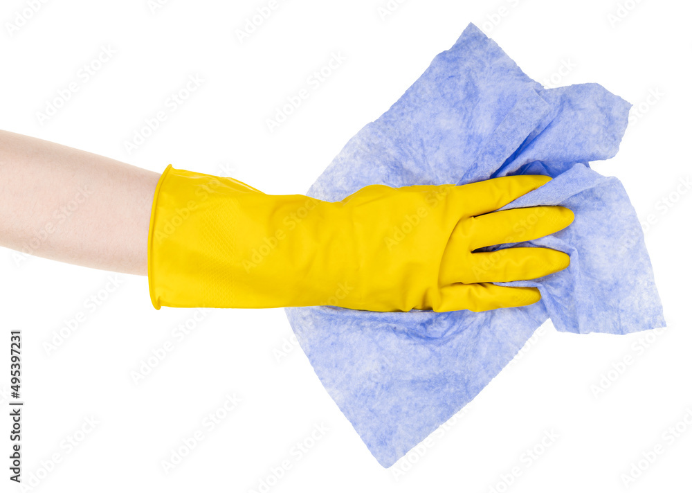 hand in yellow rubber glove with crumpled blue rag isolated on white ...