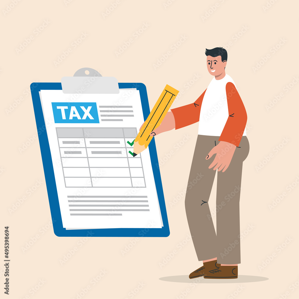 Man fills paper tax form document. Business income. Tax time concept ...