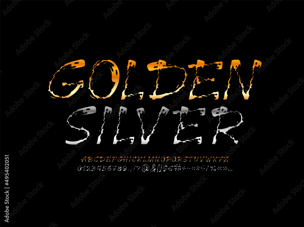 Chrome brush font, script golden alphabet, calligraphy cursive typeface ...