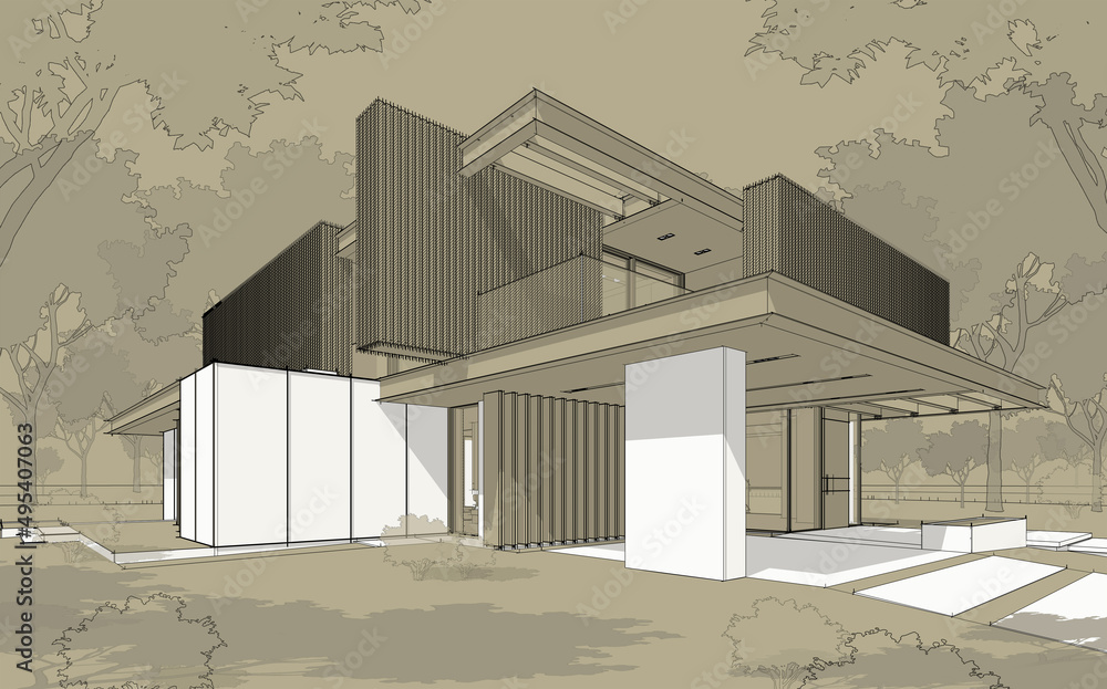 3d rendering of modern cozy house with parking and pool for sale or ...