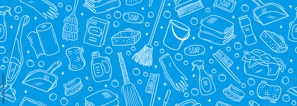 Seamless vector banner with outline cleaning icons. Background with ...