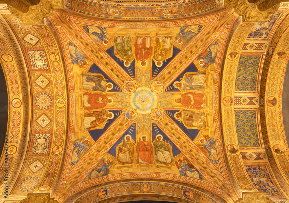 BARI, ITALY - MARCH 3, 2022: The ceiling fresco with the Holy Spirit ...