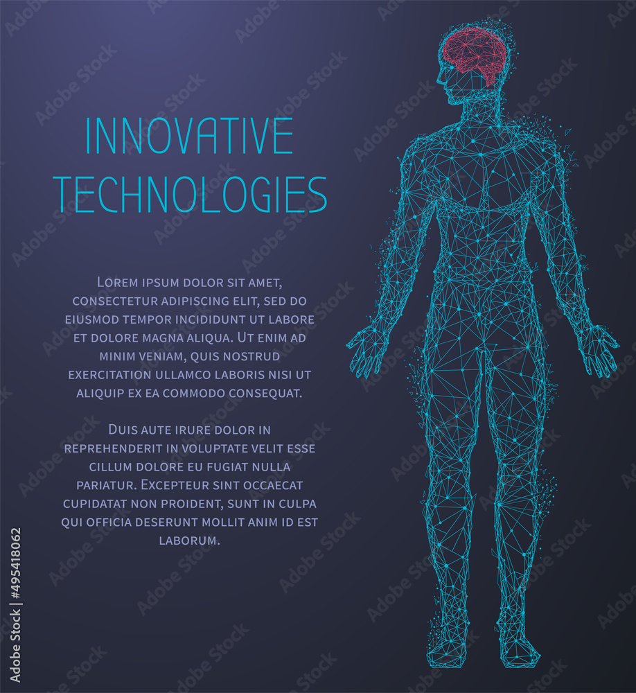 Polygonal human body with highlighted brain. Brain disease, headache ...