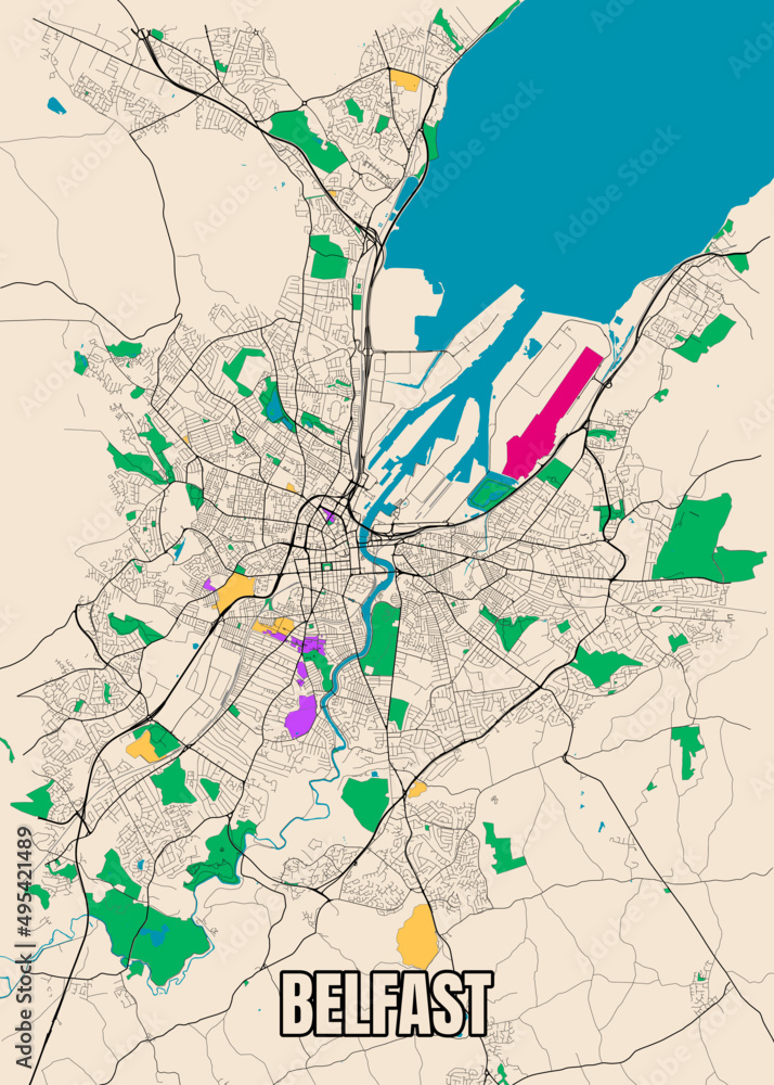 Vector poster detailed city map Belfast, Northern Ireland Data From ...