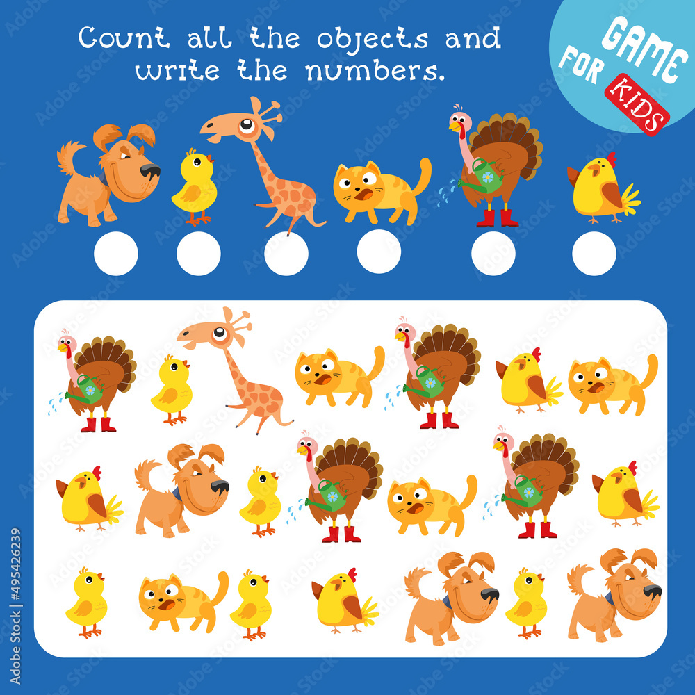 Count and write numbers. Game for children. How many animals do you see ...