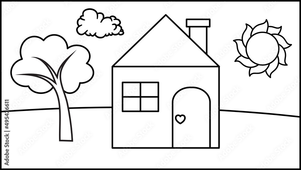 Kid drawing with house sun and tree. Vector illustration in child style ...