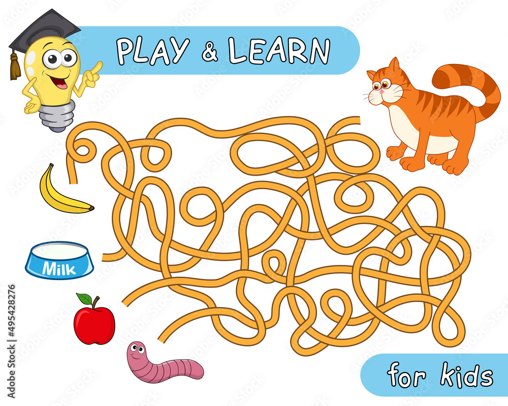 What does the cat eat. Help the kitten to find the right way in maze ...