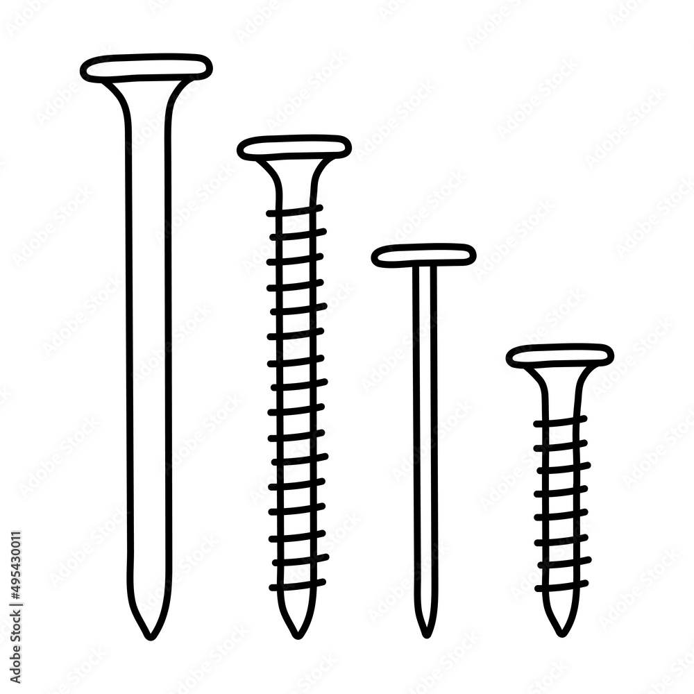 Nail, bolt and screw vector set. Color doodle sketch illustration Stock ...