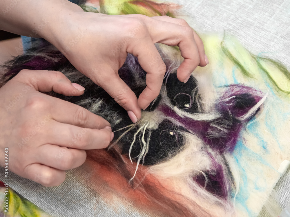 Process of creating a picture of wool. Contemporary art - felting wool ...