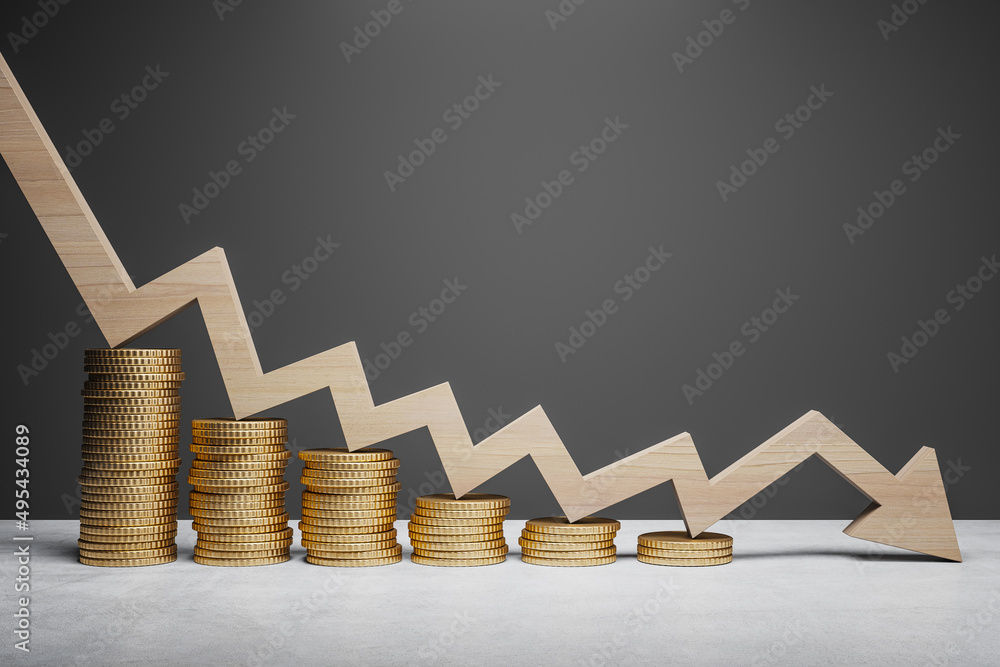Abstract falling coin stack chart and arrow on black background with ...