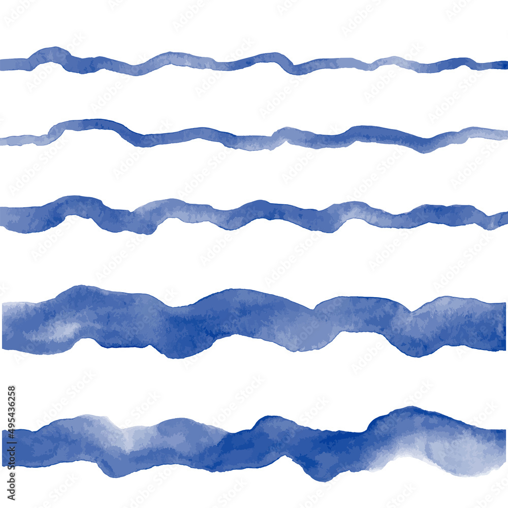 Dark, navy blue watercolor vector waves. Wavy long brush strokes ...
