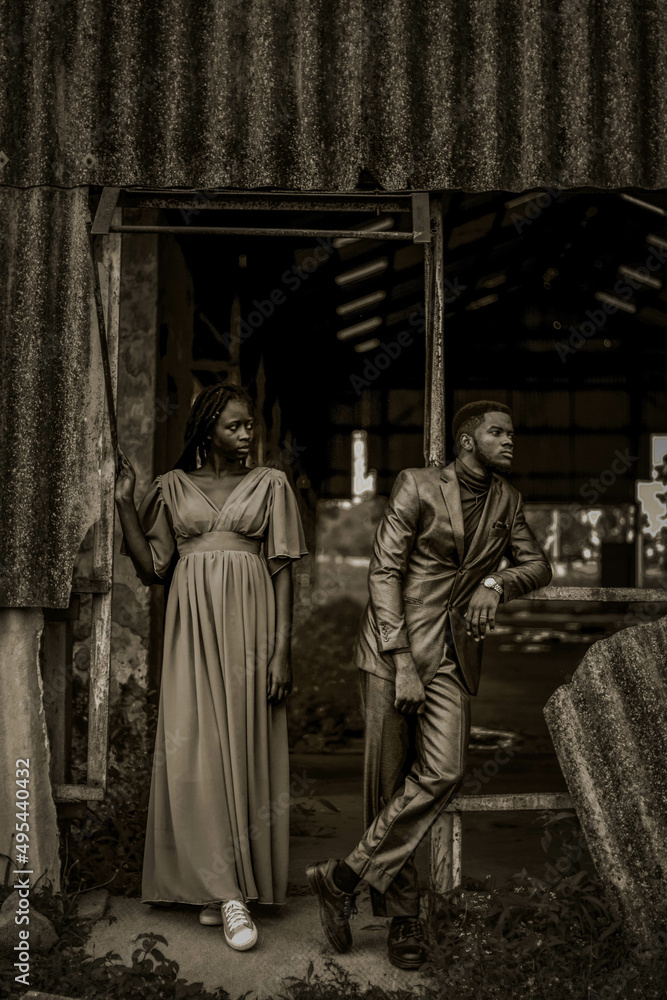 Grayscale photo of woman in dress standing beside a man in a suit Stock ...