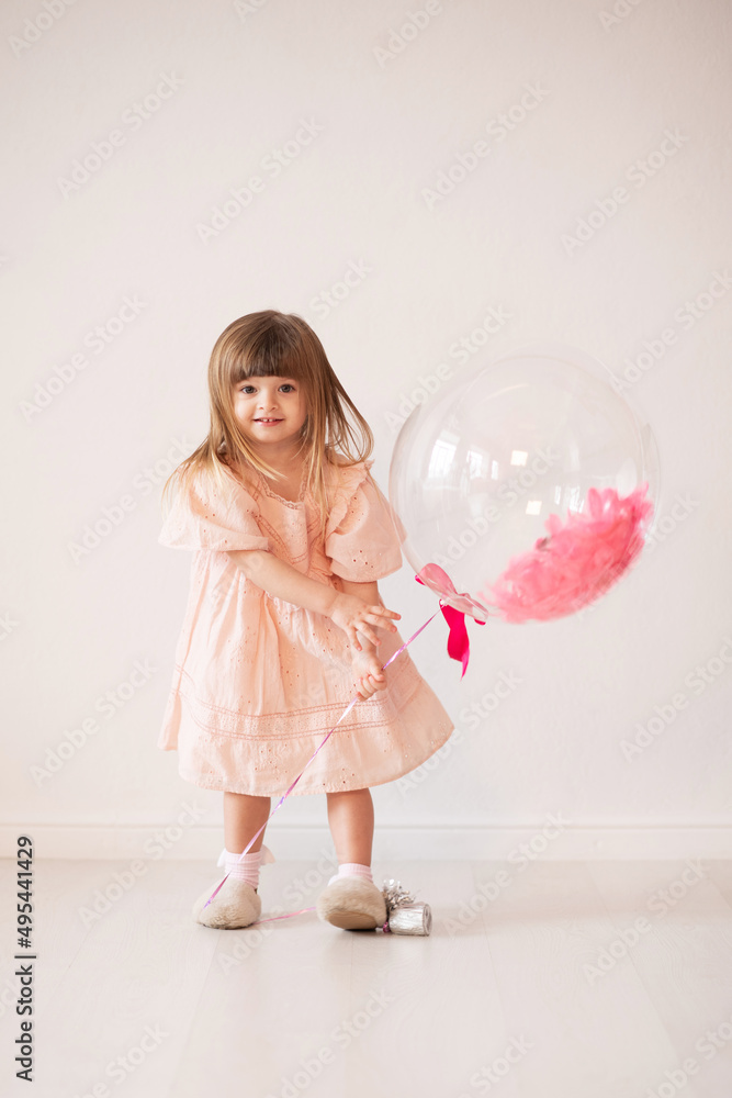 Kid girl 3-4 year old hold pink balloon and wear birthday party dress ...