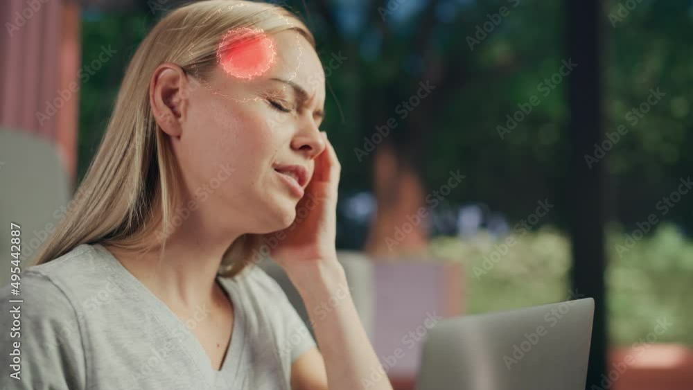 VFX Headache Animation: Close Up of a Female Working on Laptop Computer ...