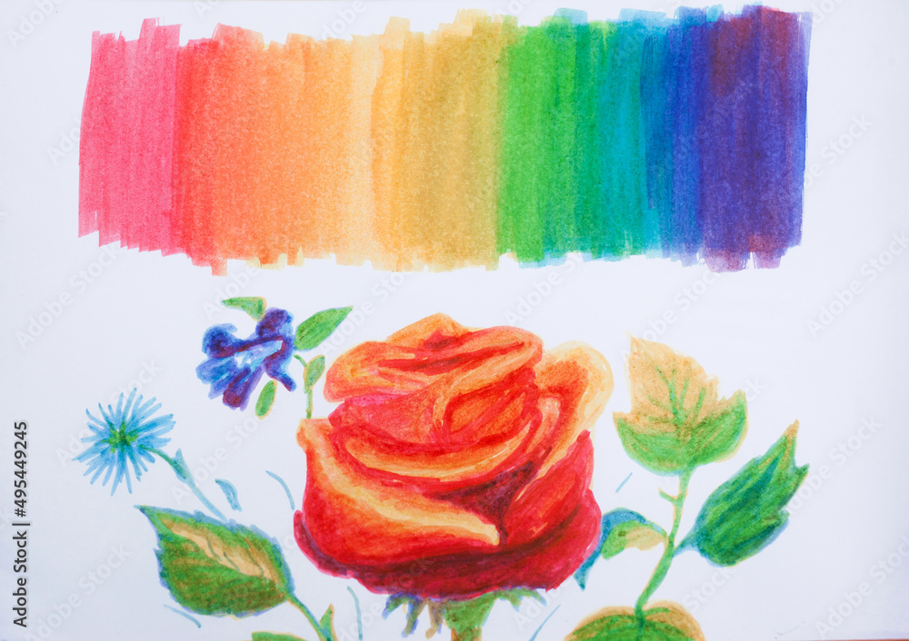 Bright and beautiful rose and rainbow hand drawn using alcohol markers ...
