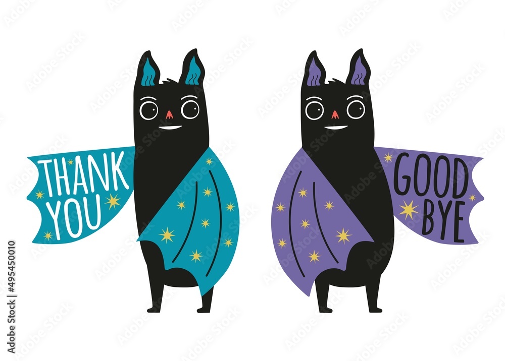 Vector illustration set with couple of bats and phrases. Thank you and ...