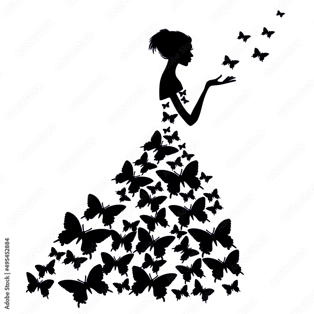 Beautiful girl in a dress with butterflies. Girl with butterflies. Art ...