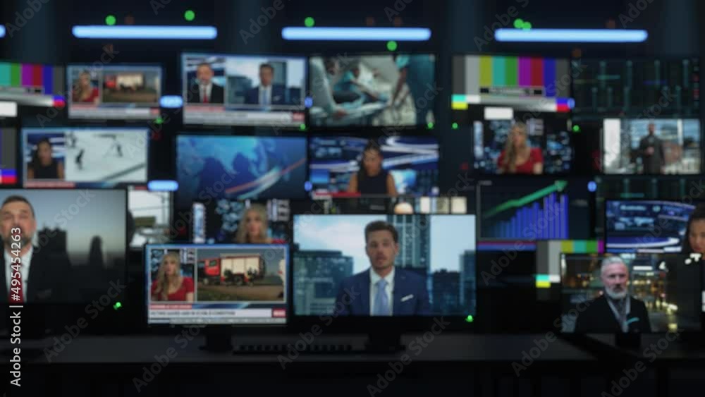 Background with Technological Multi-Screen Wall with TV Sets and ...