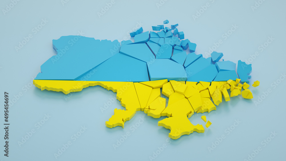 Ukrainian territory map broken into pieces. War concept. 3d rendering ...