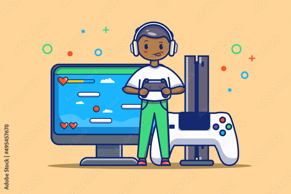 Vecteur Stock Video gaming concept in flat outline design. Man in ...