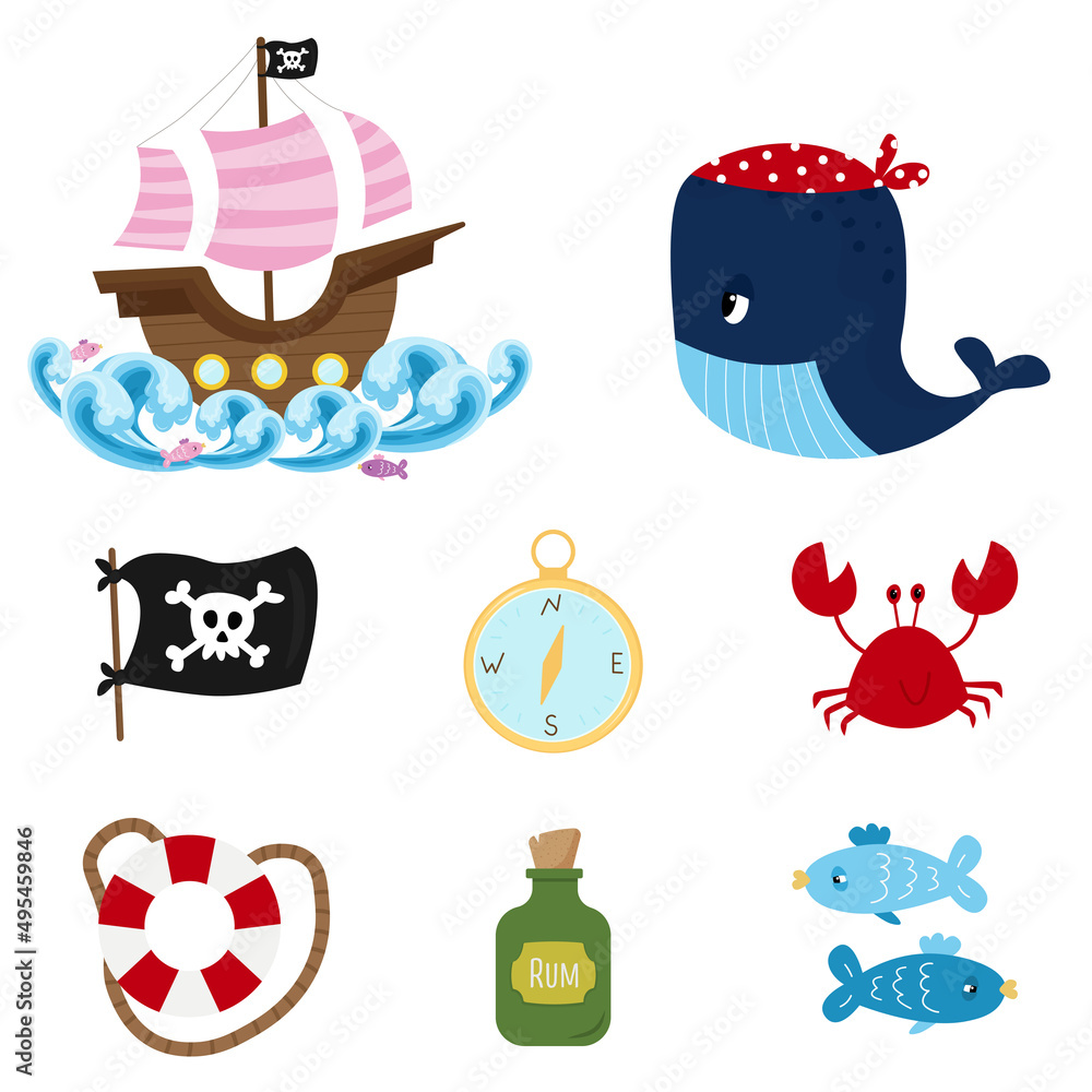 Cute pirate objects collection. Pirate whale, pirate ship and pirate ...