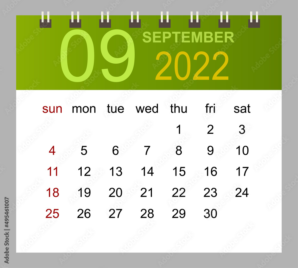September 2022. Vector monthly calendar template 2022 year in simple ...
