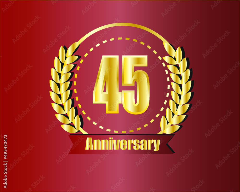 45th golden anniversary logo with ring, laurel wreath vector design ...