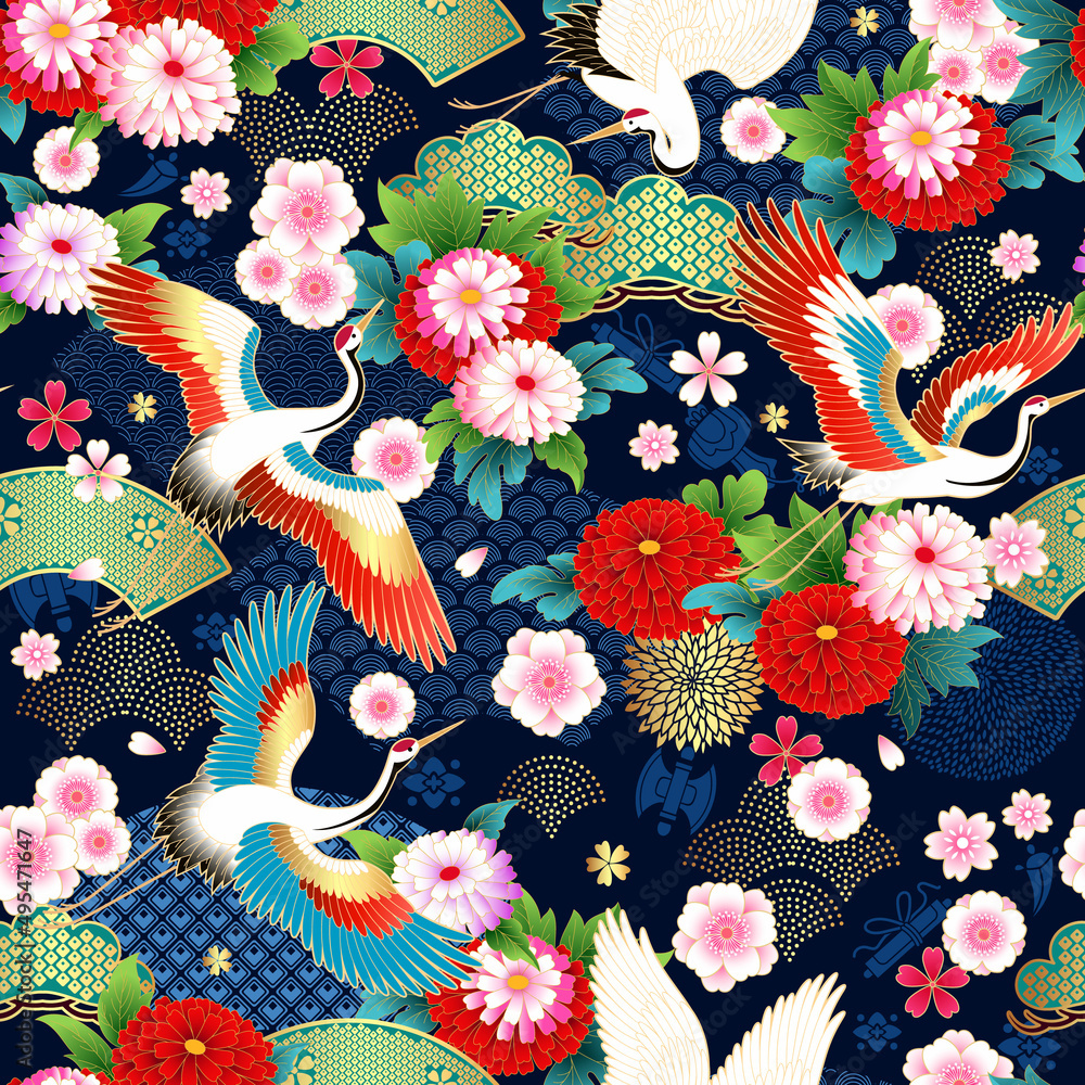 Spring Japanese background with fans and cranes Stock Vector | Adobe Stock