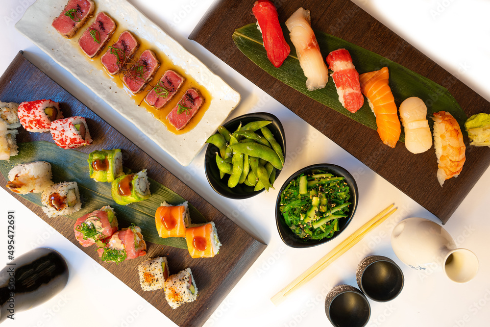 Traditional Japanese cuisine, traditional Asian food with sushi, nigiri ...