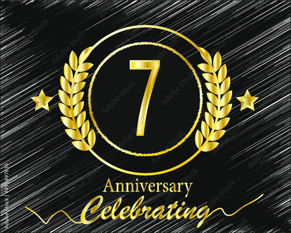 7th golden anniversary logo with ring, laurel wreath vector design on ...