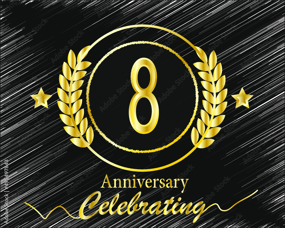 8th golden anniversary logo with ring, laurel wreath vector design on ...