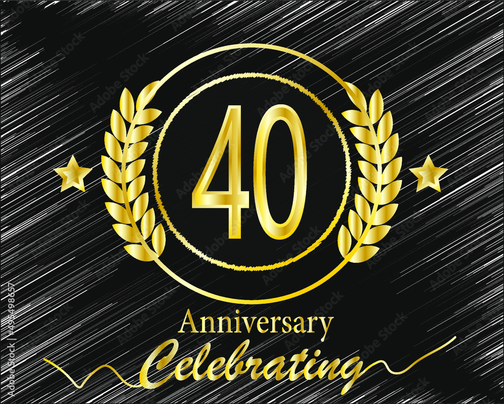 40th golden anniversary logo with ring, laurel wreath vector design on ...