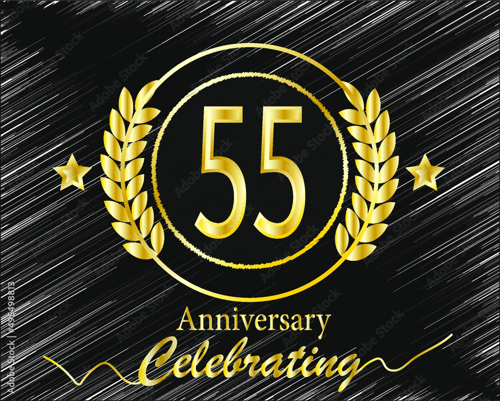 55th golden anniversary logo with ring, laurel wreath vector design on ...