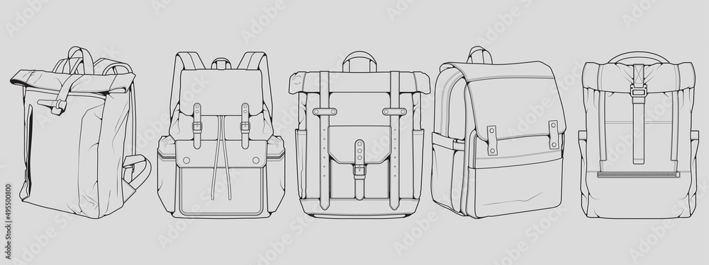Set of backpack outline drawing vector, set of Backpack in a sketch ...