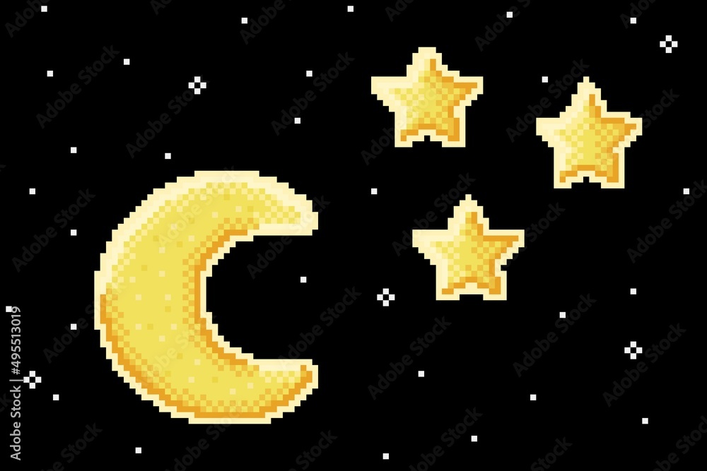 Crescent moon and stars pixel art. Vector illustration. Stock Vector ...
