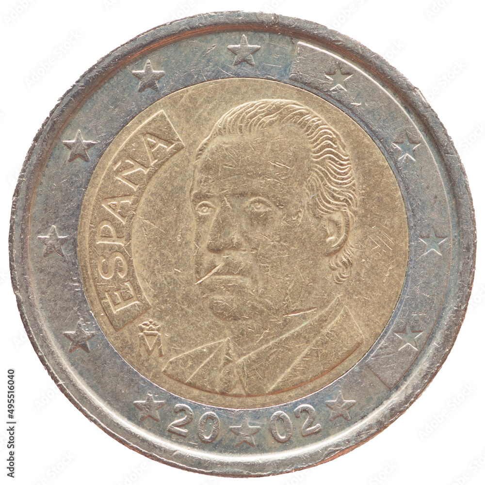 Spain - circa 2002 : a 2 Euro coin of Spain showing a portrait of the ...