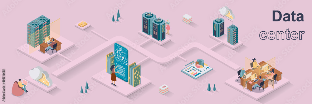 Data center concept 3d isometric web banner. People engineers work in ...