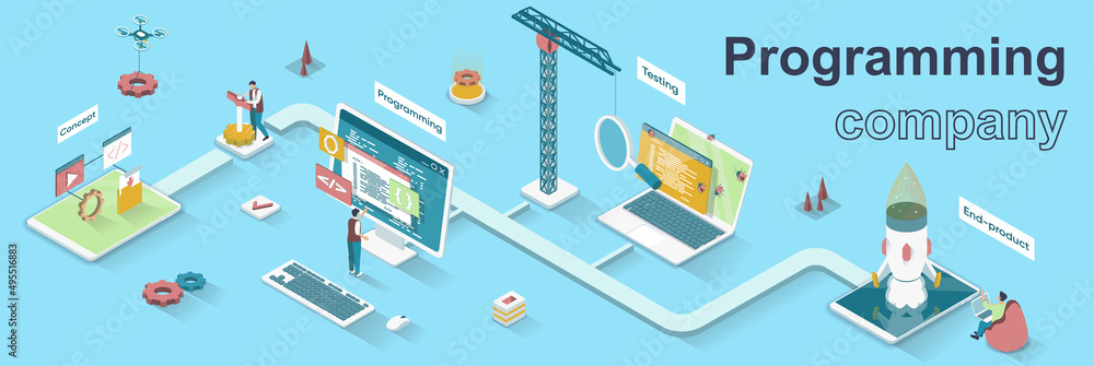 Programming company concept 3d isometric web banner. People develop ...