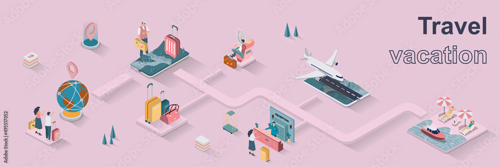 Travel vacation concept 3d isometric web banner. People with luggage ...