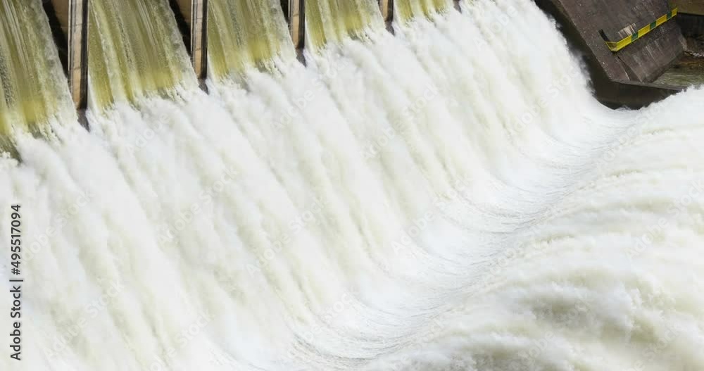 Hydroelectric power plant, river dam with flowing water at ...