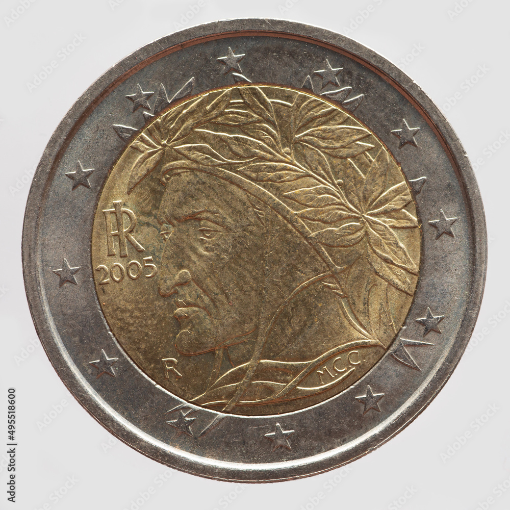 Italy - circa 2005: a 2 Euro coin of Italy with a portrait of the ...