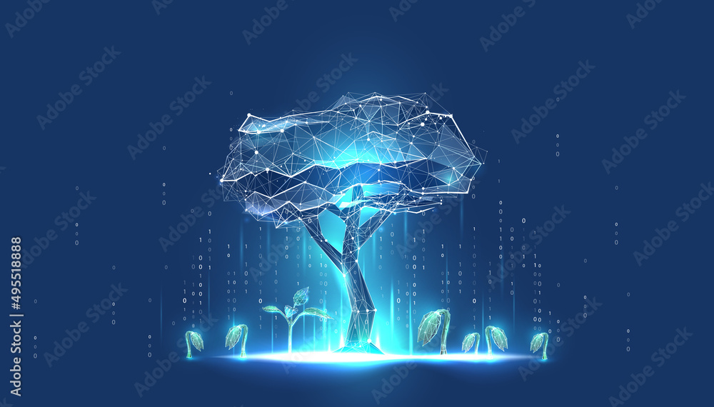 Digital tree with sprouts and binary code in glowing futuristic ...