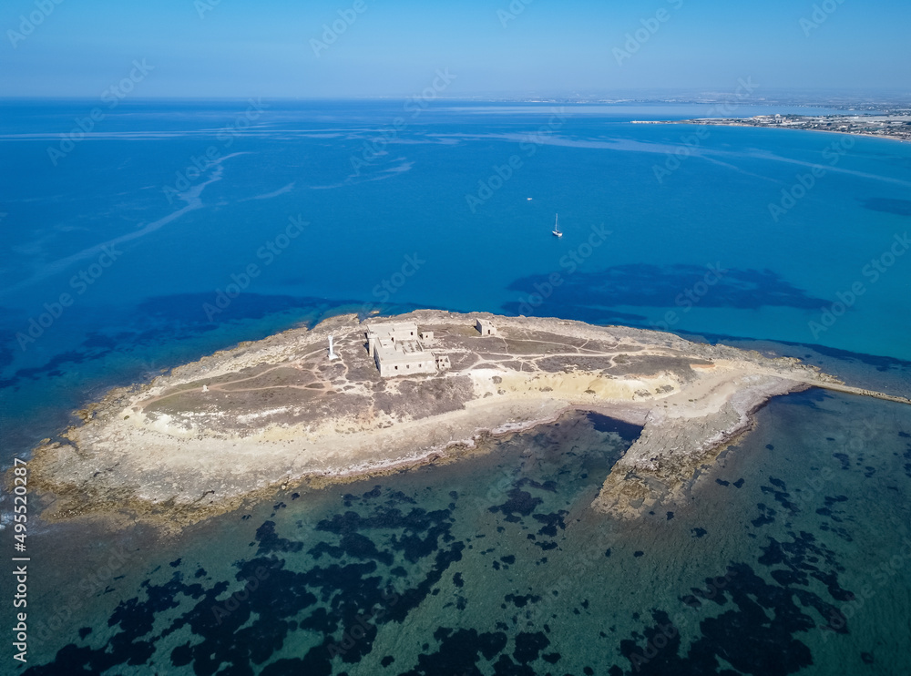 Aerial drone view of island and beach of Isola delle Correnti ...