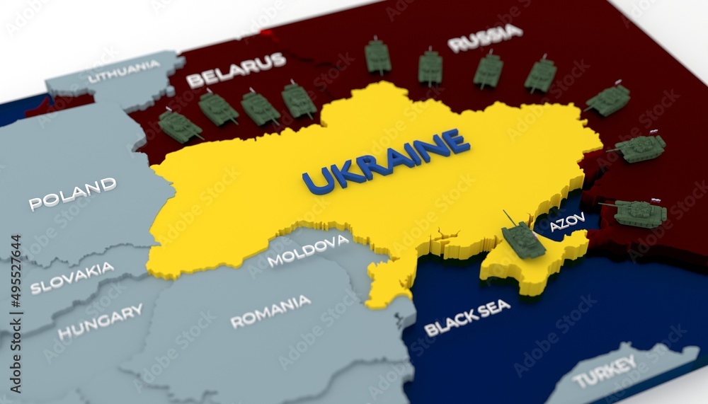 Stylich 3D Map of Ukraine surrounded by tanks and neighboring countries ...