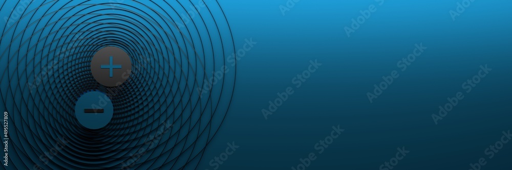 Wide banner with positive and negative charges and symbolic magnetic ...