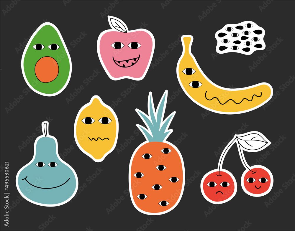 Abstract fruits with different emotions. Stickers set. Drawing style ...