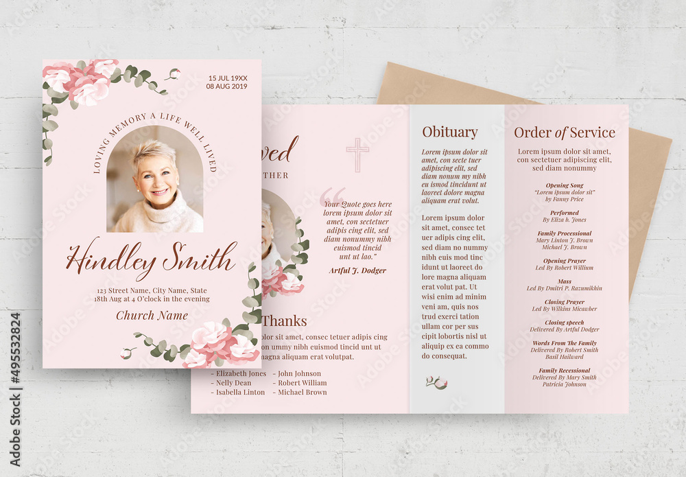 Pink Funeral Program Obituary Flyer Poster with Watercolour Florals ...