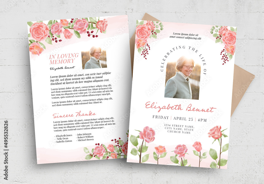 Funeral Program Obituary Flyer Poster with Pink Watercolor Roses ...